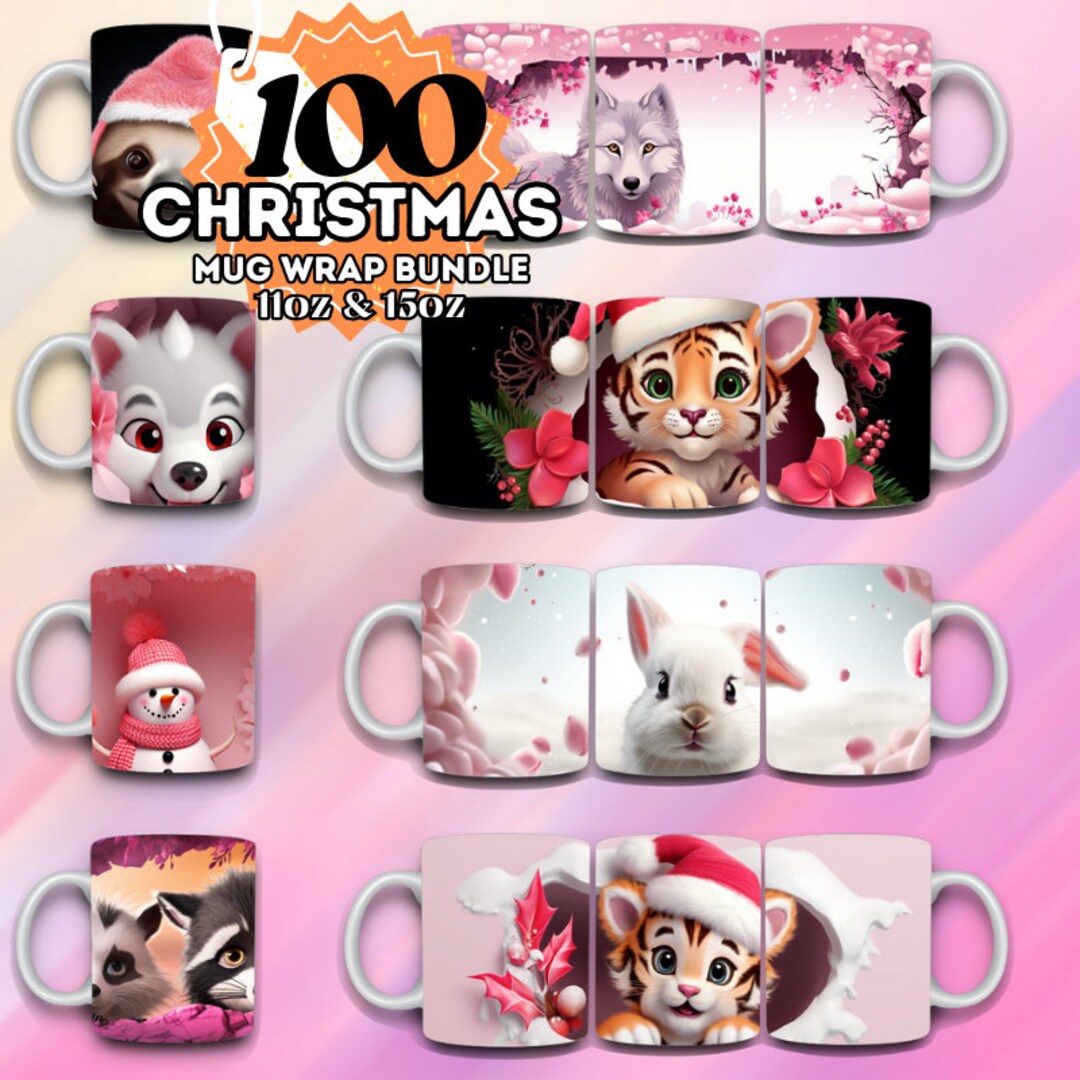 100 3D Christmas Mug Wrap Bundle, Holiday Designs, 11 Oz 15 Oz Mug Wrap ...