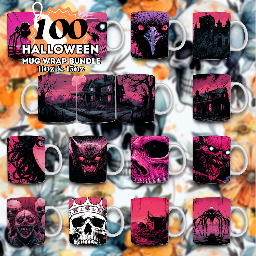 100 Horror Mug Wrap Bundle, Pink Halloween Mug Designs, 11 Oz 15 Oz Mug ...