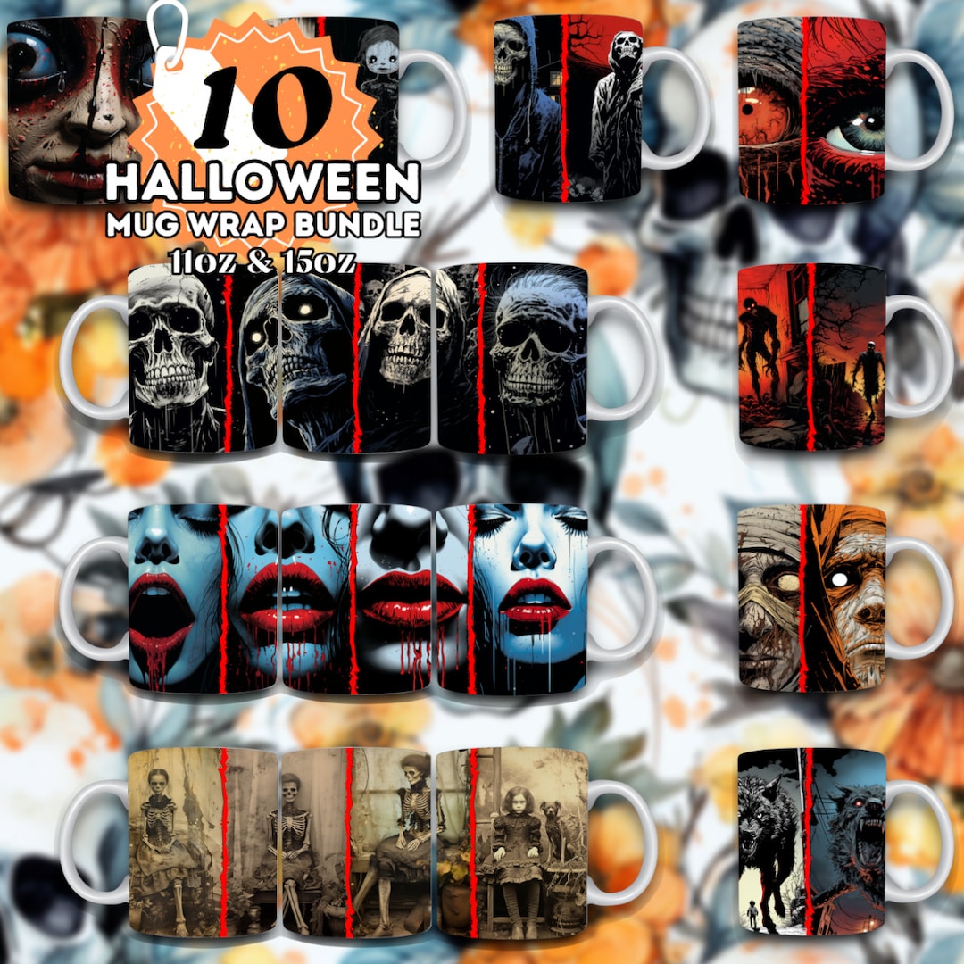 10 Horror Mug Wrap Bundle, Halloween Mug Designs, 11 Oz 15 Oz Mug Wrap ...