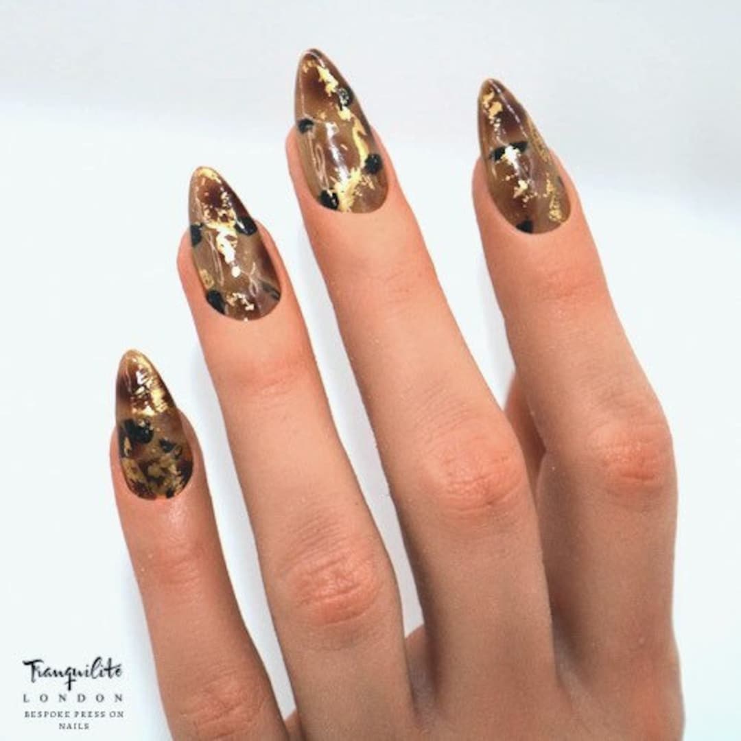Animal Print Tortoise Shell Inspired With Gold Flakes Press On Nails ...