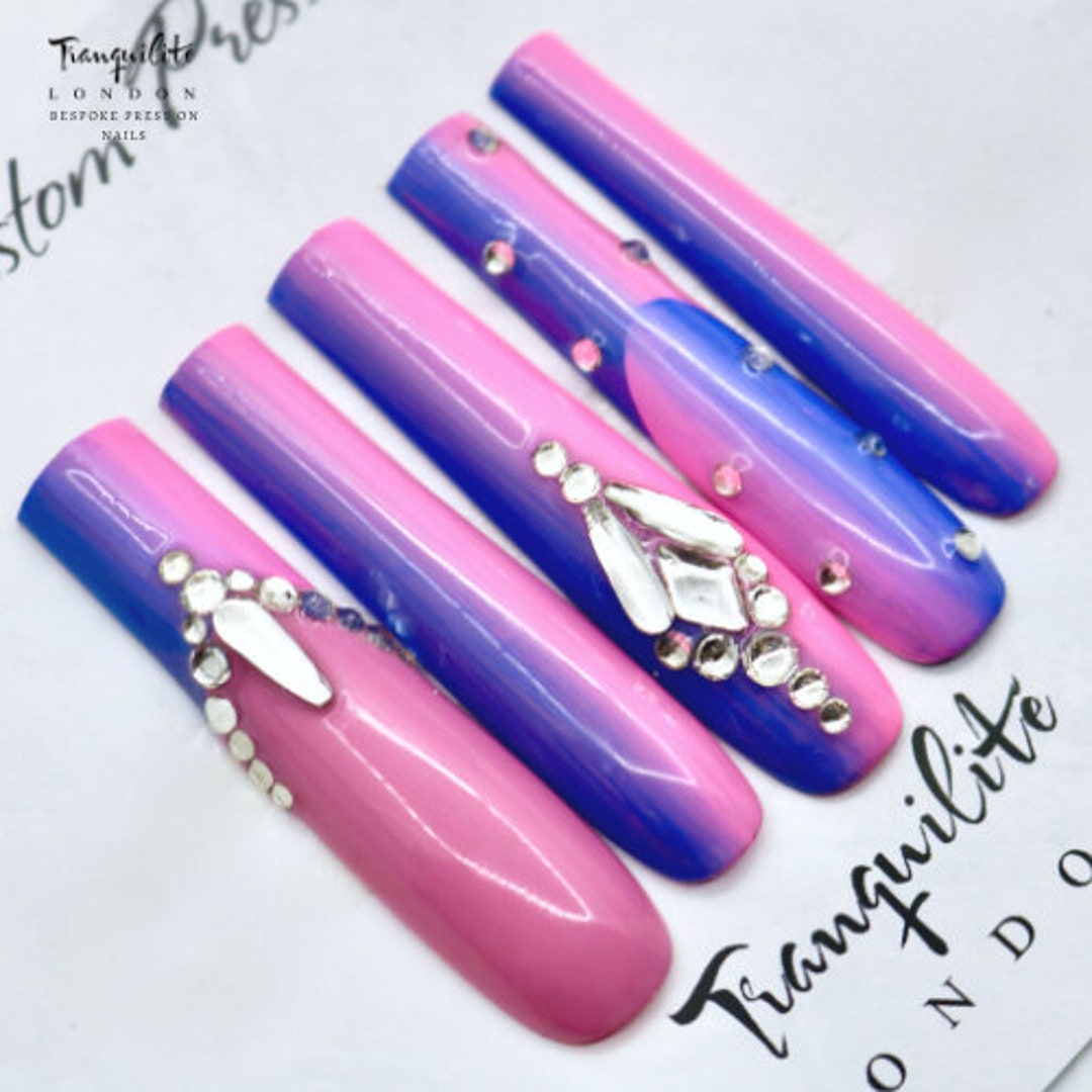 Ombre Purple Pink Vertical Bling Nail Stones French Manicure Press on ...