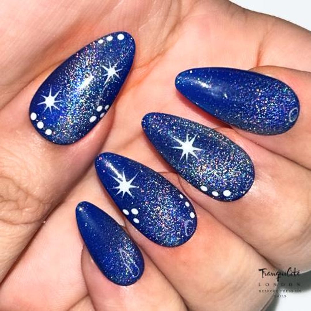 Midnight Blue Cat Eye Sparkle Star Design Press on Nails | Nails ...