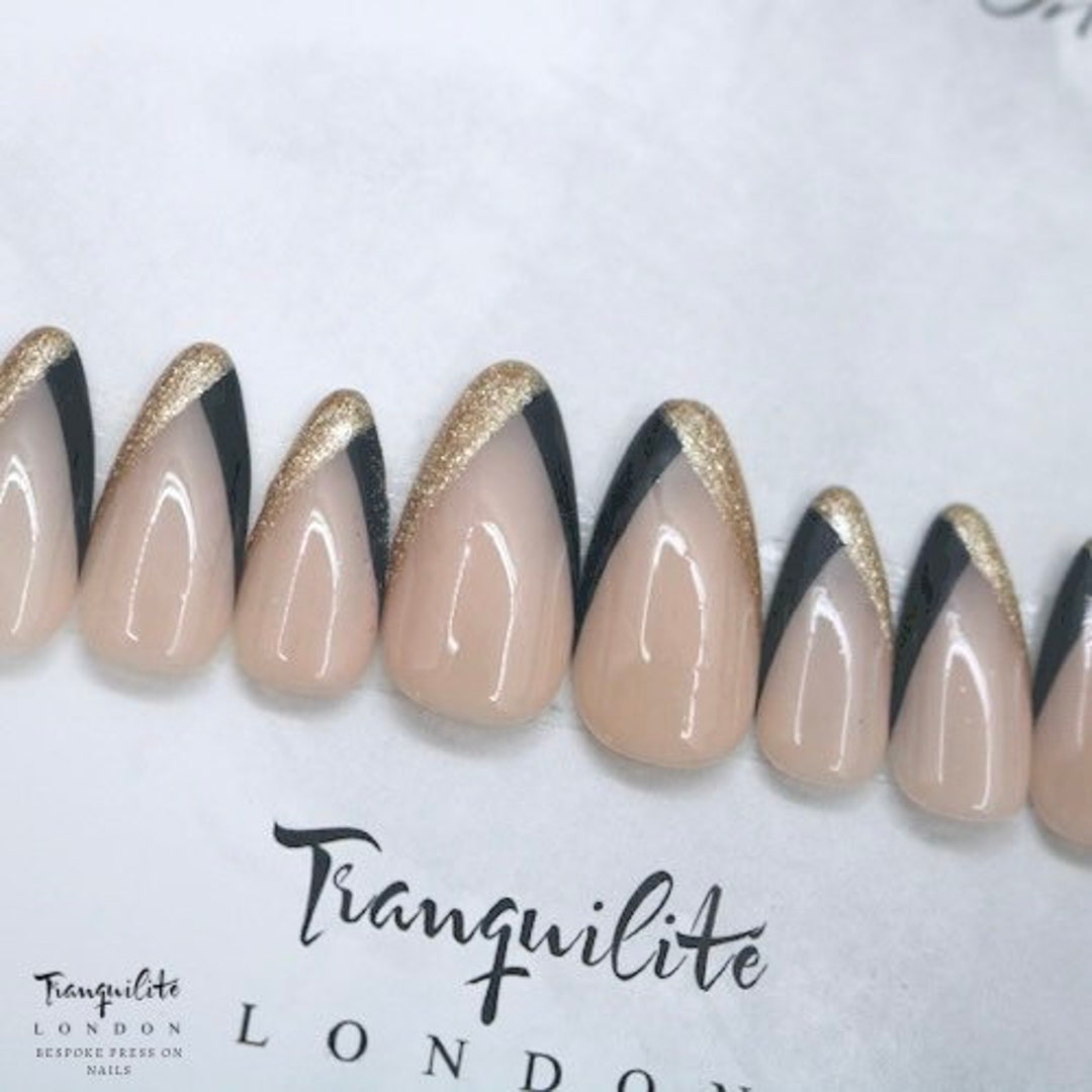 Black & Gold V French Nails Press on Nails | Nails | False Nails | Fake ...