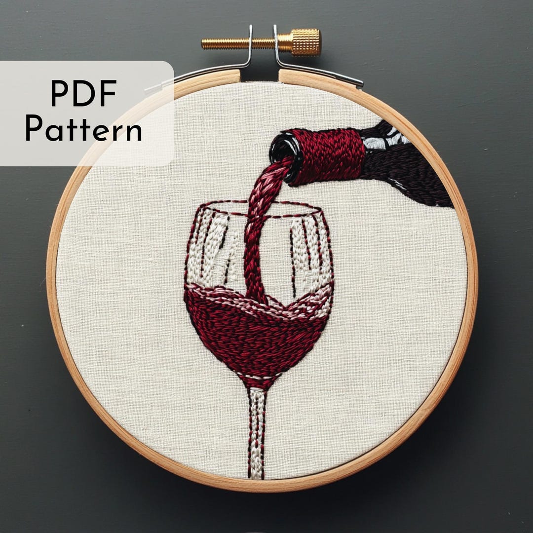 Red Wine Embroidery Pattern: Elegant Wine Lover Gift, Home Bar Art, 6 ...