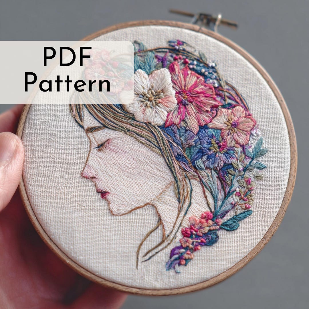 Nature Goddess Embroidery Pattern: Dreamy Portrait, Floral Hair Art ...