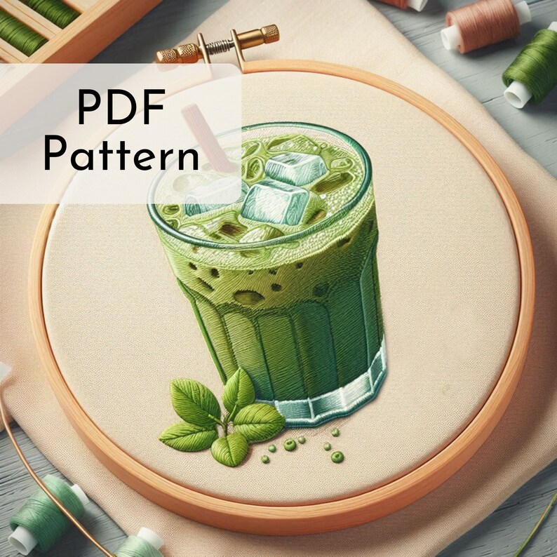 Iced Matcha Latte Embroidery Pattern Refreshing Drink Hand Embroidery ...