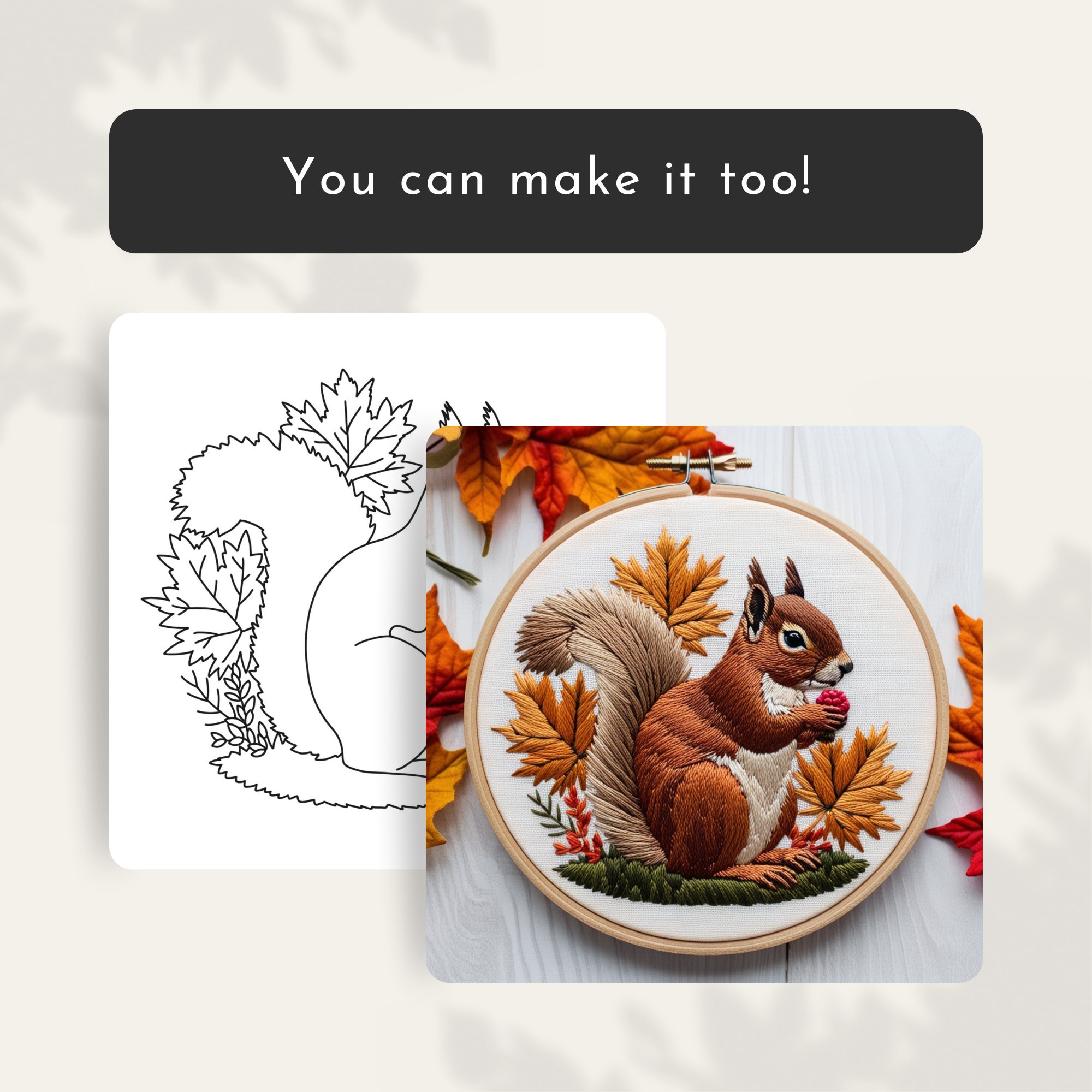 Squirrel Holding Berry Embroidery Pattern: Autumn Leaves, Animal Fall ...