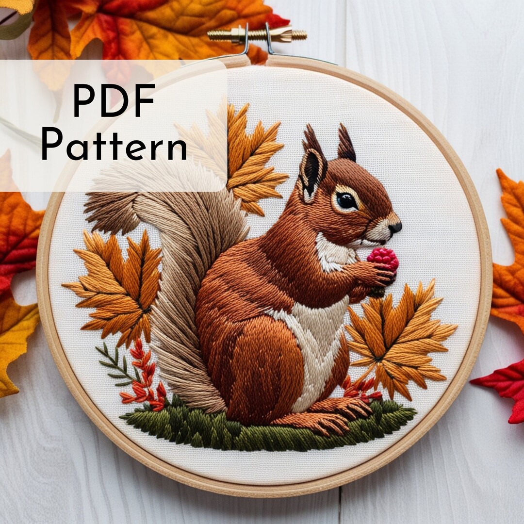 Squirrel Holding Berry Embroidery Pattern: Autumn Leaves, Animal Fall ...