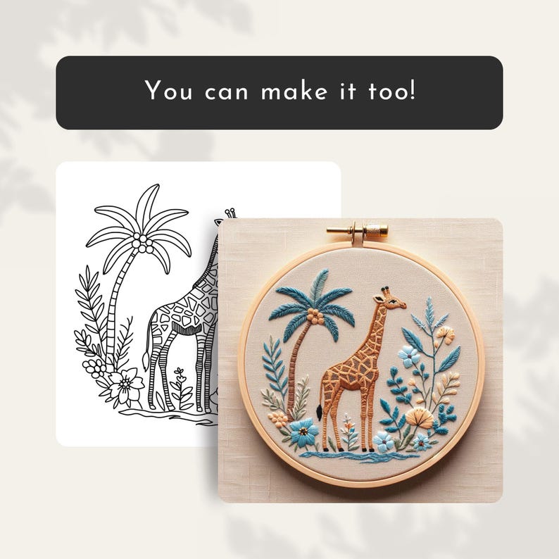 Giraffe Embroidery Pattern: Tropical Palm Trees, Flowers, Jungle Animal ...