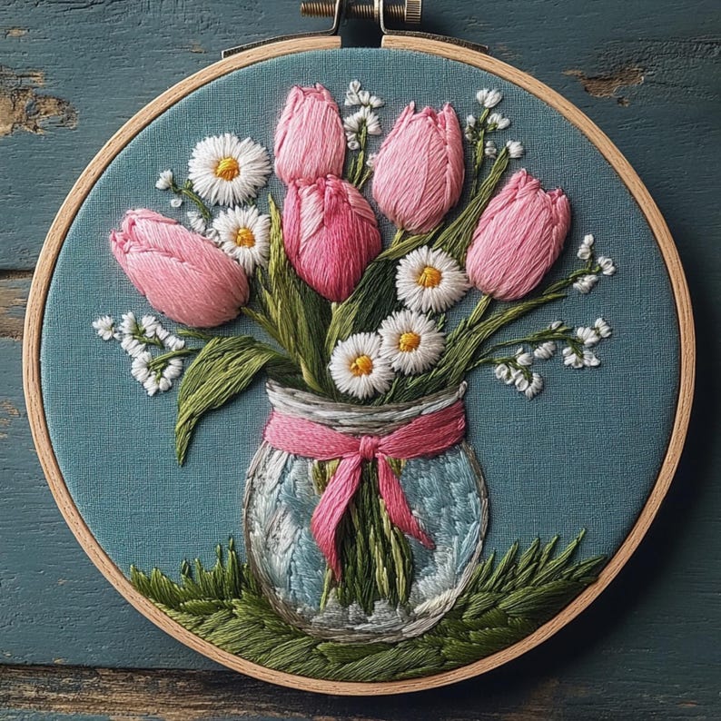 Tulip and Daisy Embroidery Pattern: Spring Floral Bouquet, Pink Bow ...