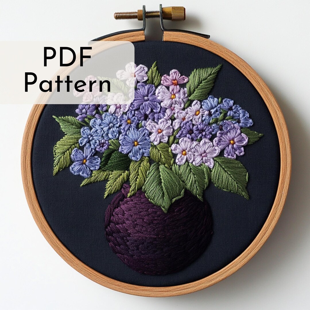 Lilac Embroidery Pattern Flower Bouquet Wall Art Dark Vase Hand ...
