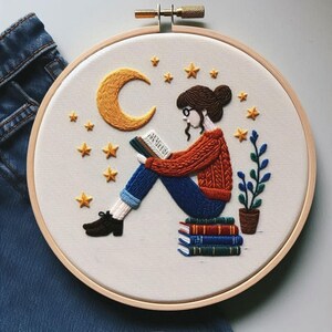Book Lover Embroidery Pattern: Celestial Moon, Stars & Plants, Relaxing ...
