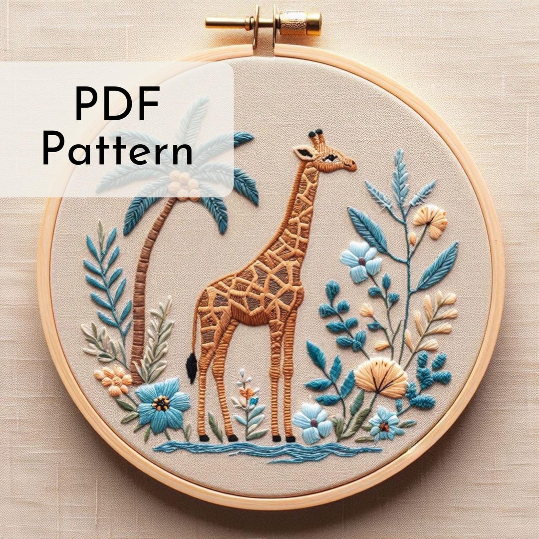 Giraffe Embroidery Pattern: Tropical Palm Trees, Flowers, Jungle Animal ...