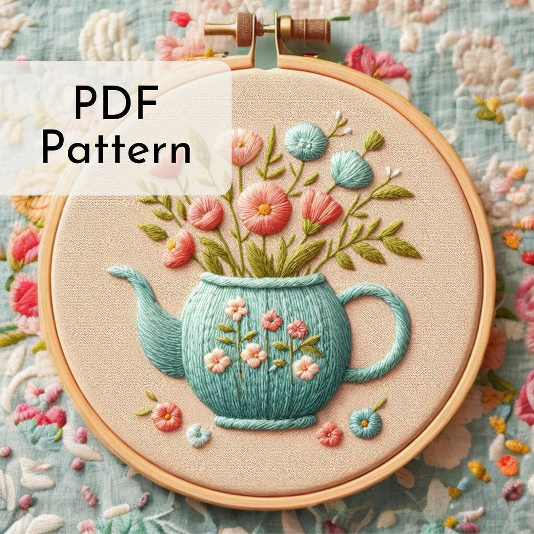 Charming Blue Teapot With Pastel Flowers Embroidery Pattern - Floral ...