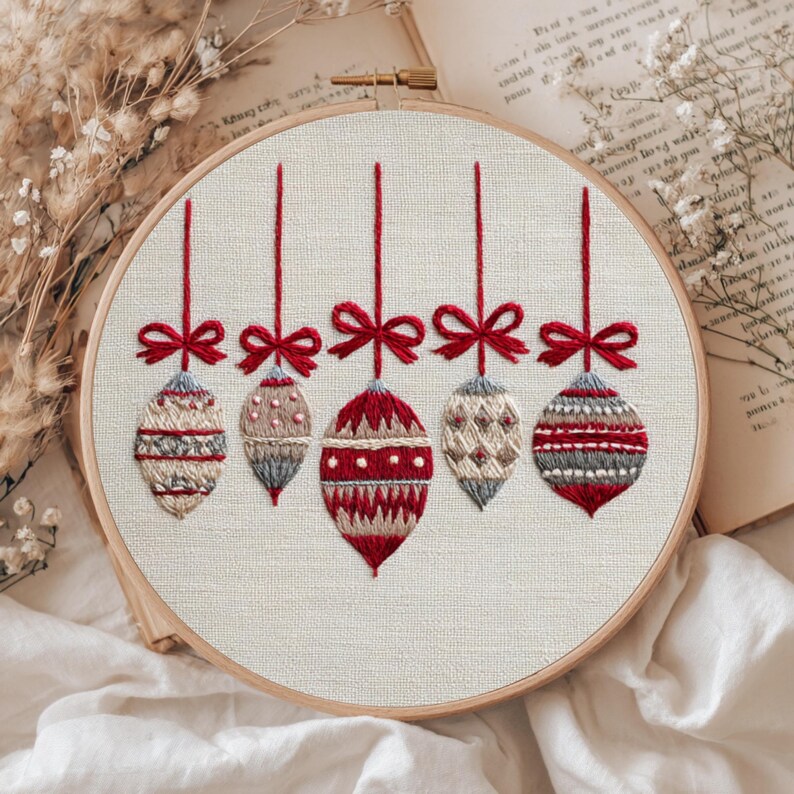 Christmas Elements Embroidery Pattern: Elegant Red Bows, Winter Decor ...