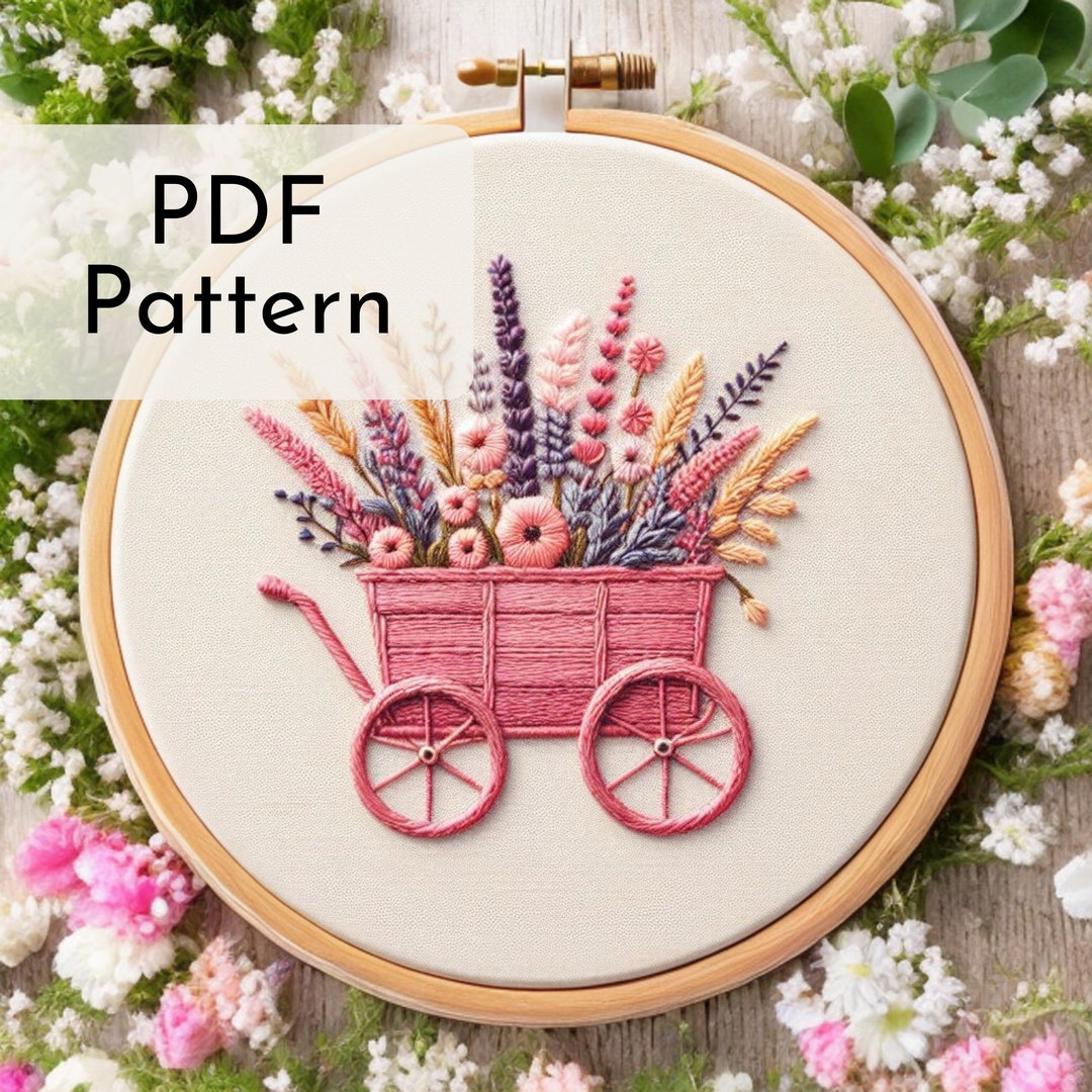 Wild Flowers Cart Embroidery Pattern Whimsical Pink Hand Embroidery ...