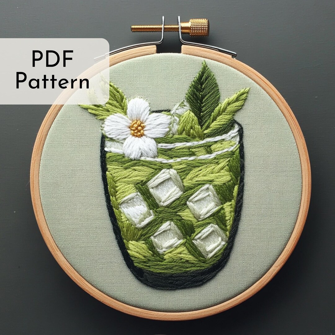 Iced Matcha Latte Embroidery Pattern: Green Tea Hand Embroidery, Bali ...