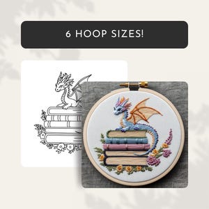 Dragon on Books Embroidery Pattern: Floral Fantasy Decor, Book Lover ...
