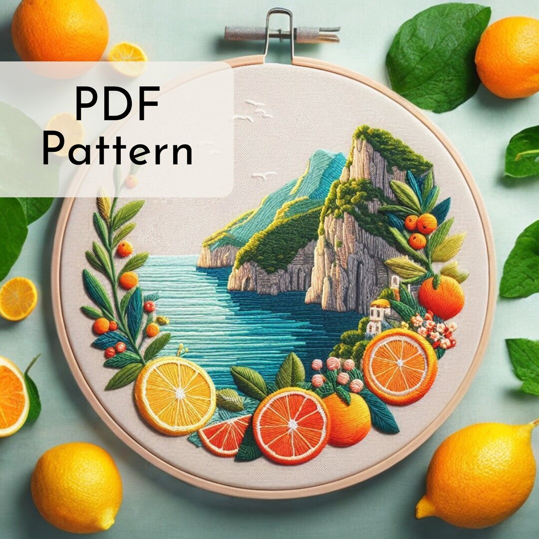 Amalfi Coast Embroidery Pattern: Mediterranean Hand Embroidery, Nature ...