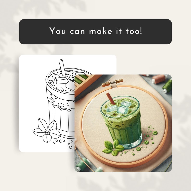 Iced Matcha Latte Embroidery Pattern Refreshing Drink Hand Embroidery ...