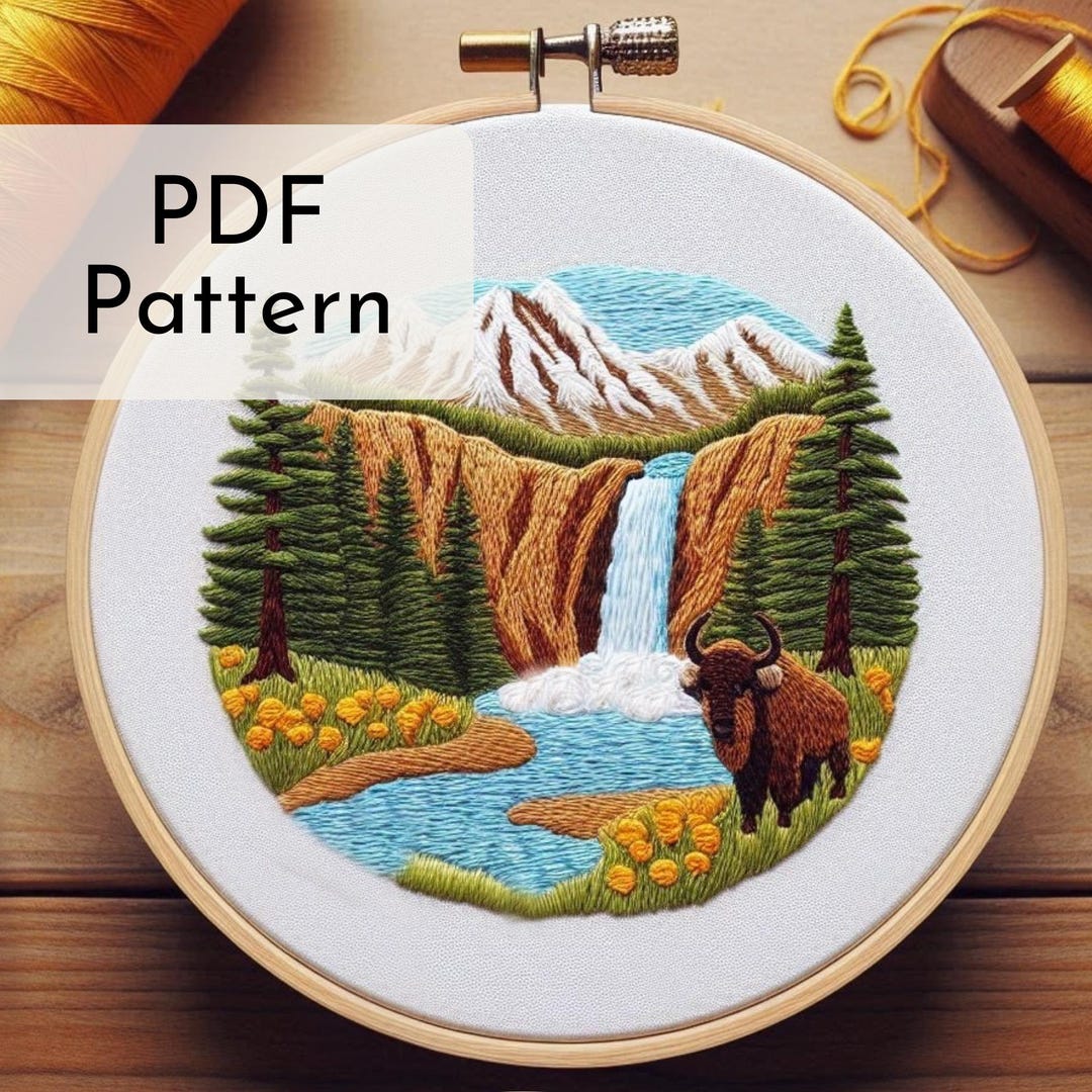 Yellowstone Landscape Embroidery Pattern: Waterfall, National Park Hand ...