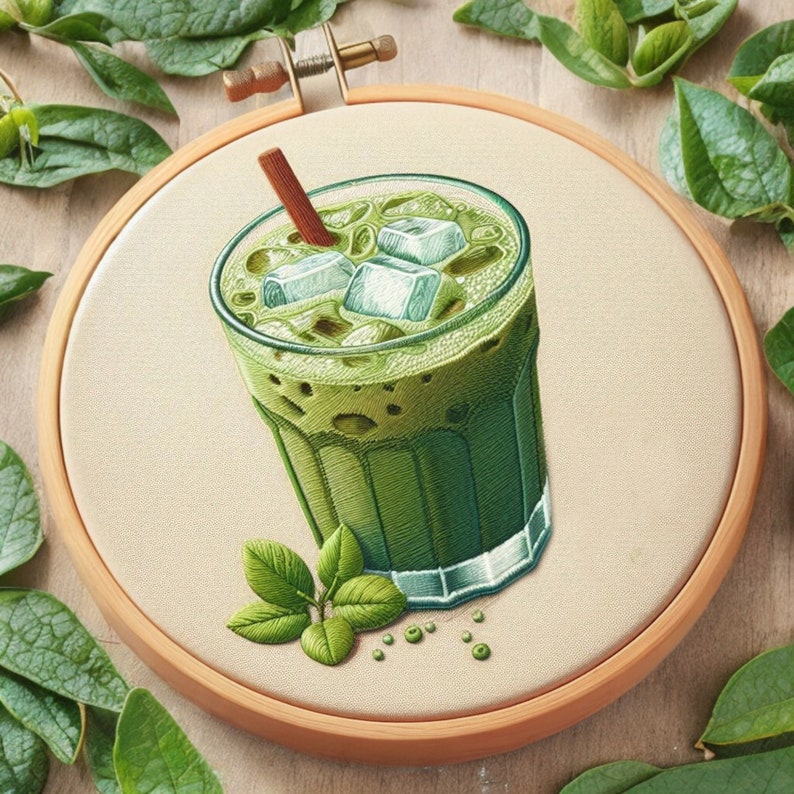 Iced Matcha Latte Embroidery Pattern Refreshing Drink Hand Embroidery ...