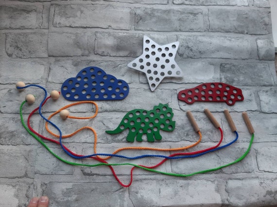 Threading Shapes Montessori Wooden Toy Learning Toy Lacing - Etsy