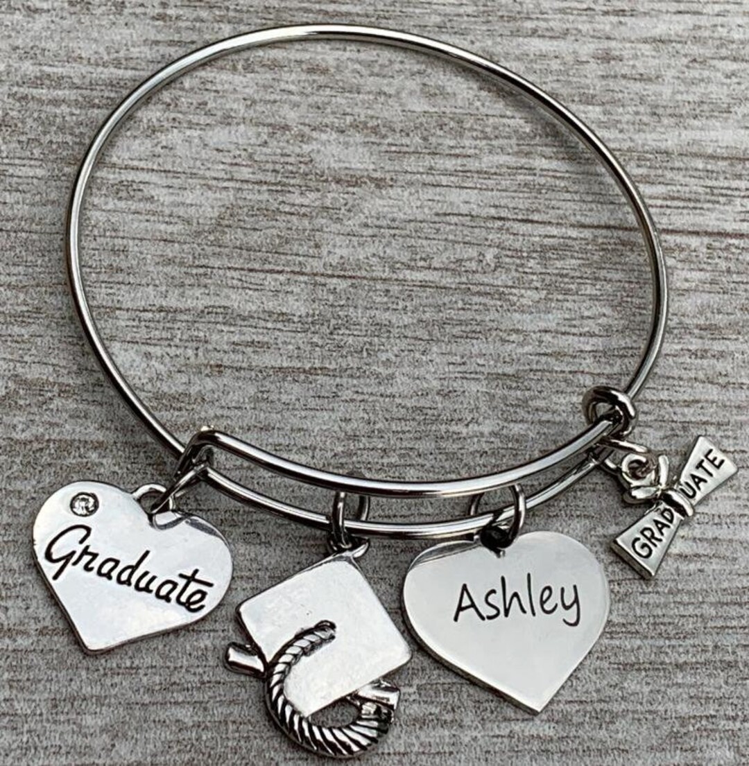 Personalized Engraved 2024 Graduation Charm Bangle Bracelet, Graduation ...