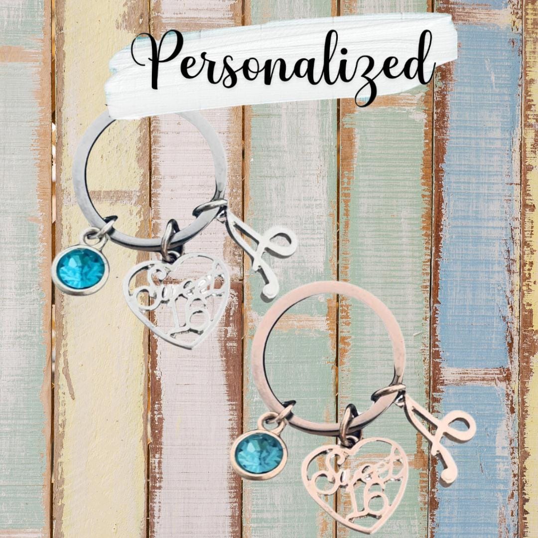 Personalized Sweet 16 Charm Keychain With Birthstone and Letter Charms ...