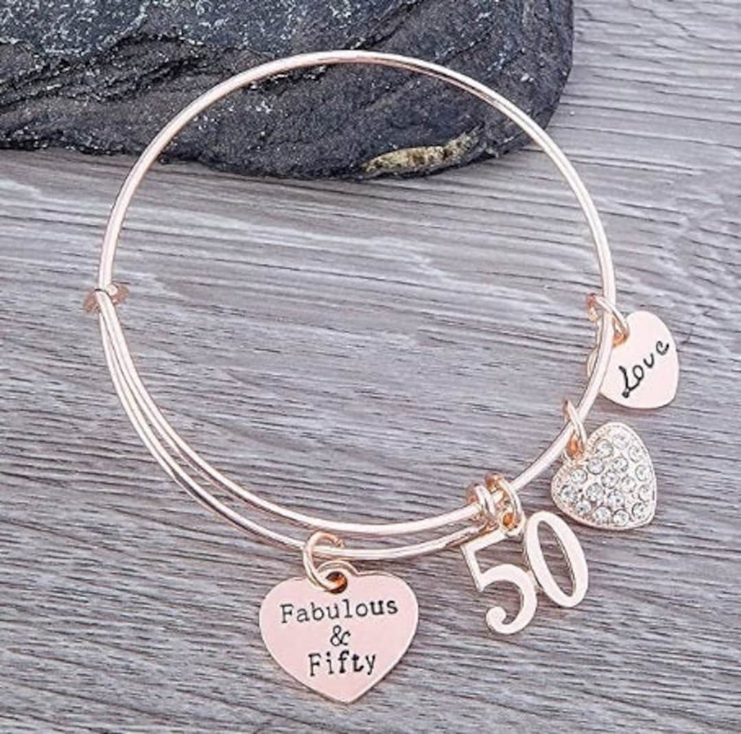 50th Birthday Charm Bracelet, Rose Gold Fabulous and Fifty Gift for ...