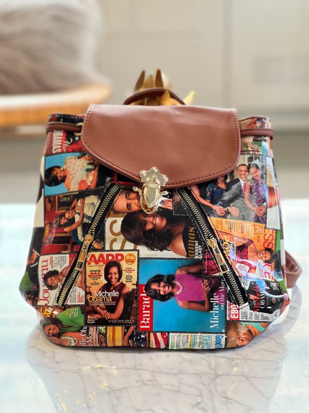 Brown Leather Accented Combination Michelle Obama Backpack Bag - Etsy