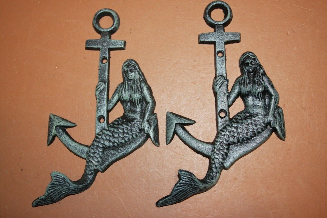 Mermaids Sitting on Anchors Wall Decor Verdigris Style Cast Iron, N-50 ...