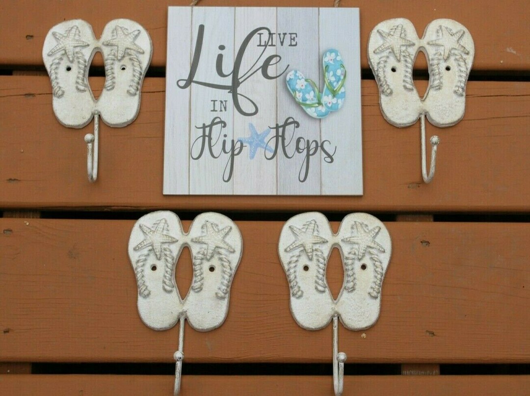 FLIP FLOPS, Beach Decor Sign / Towel Hooks, Wall Hooks Set, Tiki Decor ...