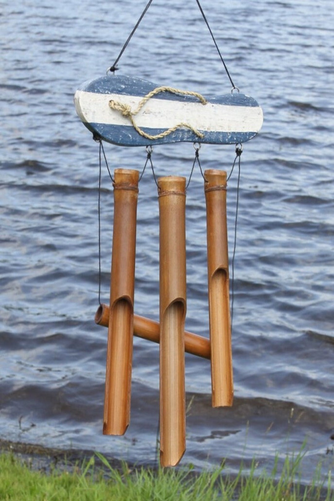 Blue and White Flip Flop Wind Chime, Bamboo Hanging Decor-beach ...