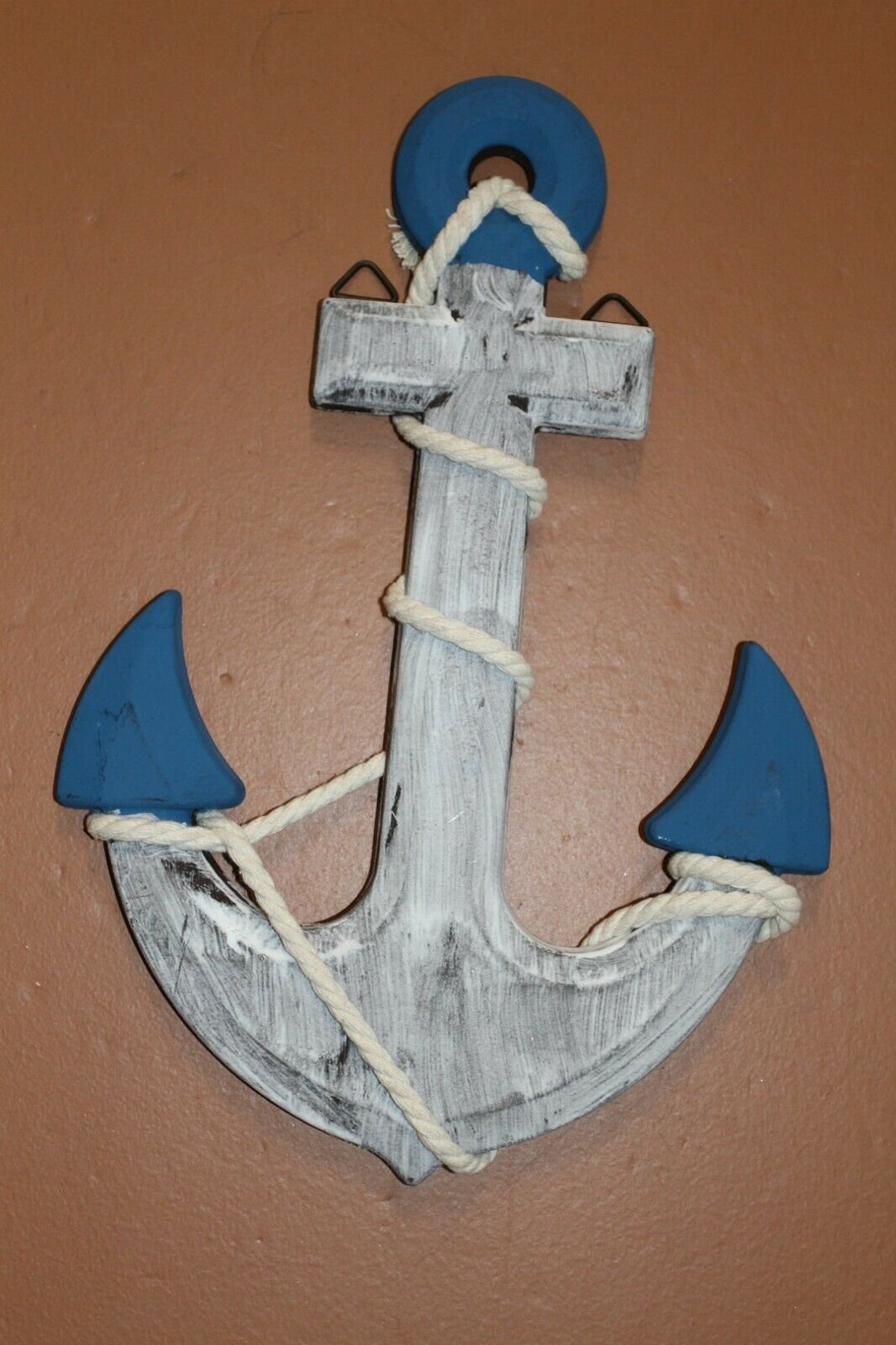 Large Wood Anchor Wall Decor Coastal Blue White Distressed Style Bay ...