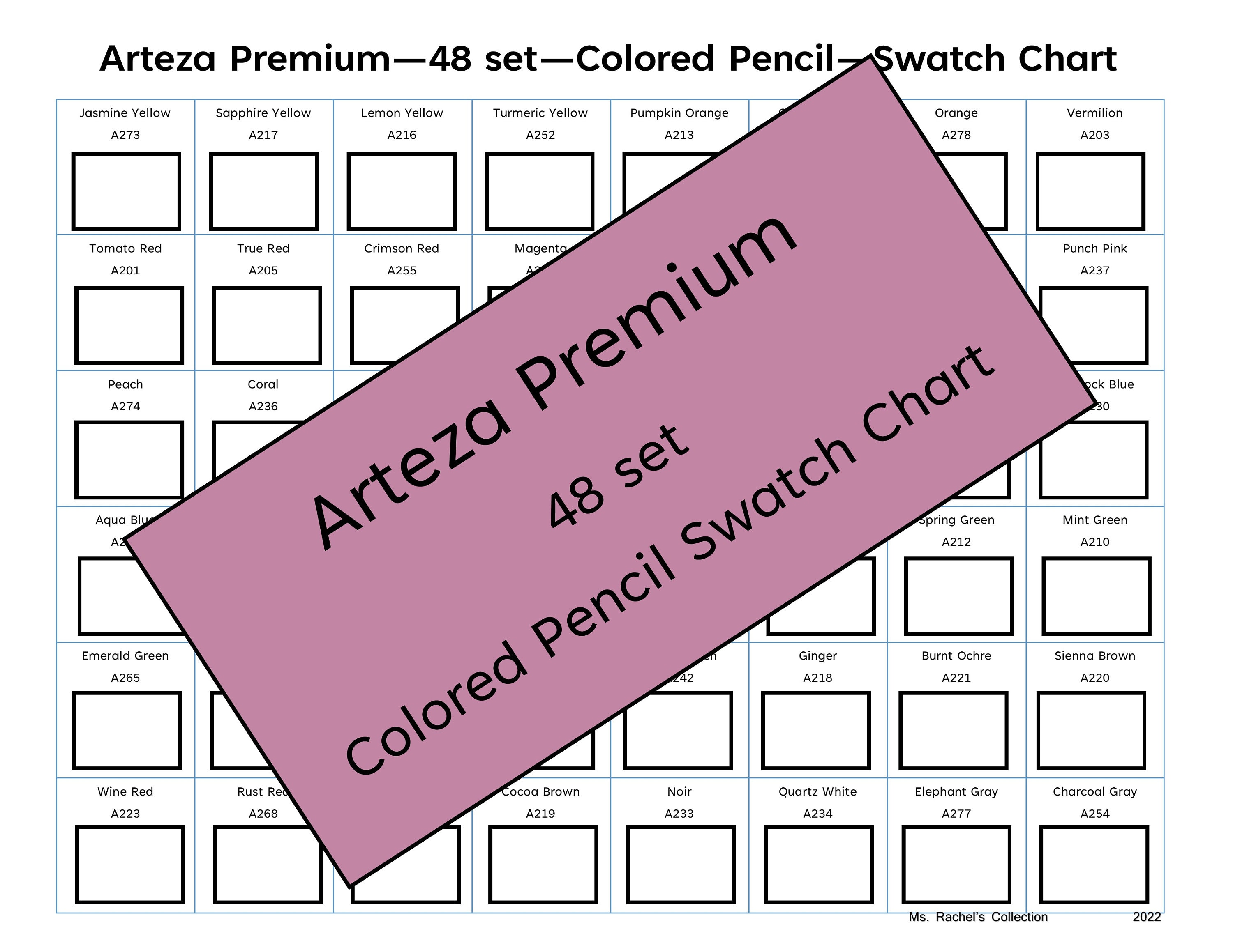 Swatch Chart for the Arteza Premium 48 Count Colored Pencils - Etsy