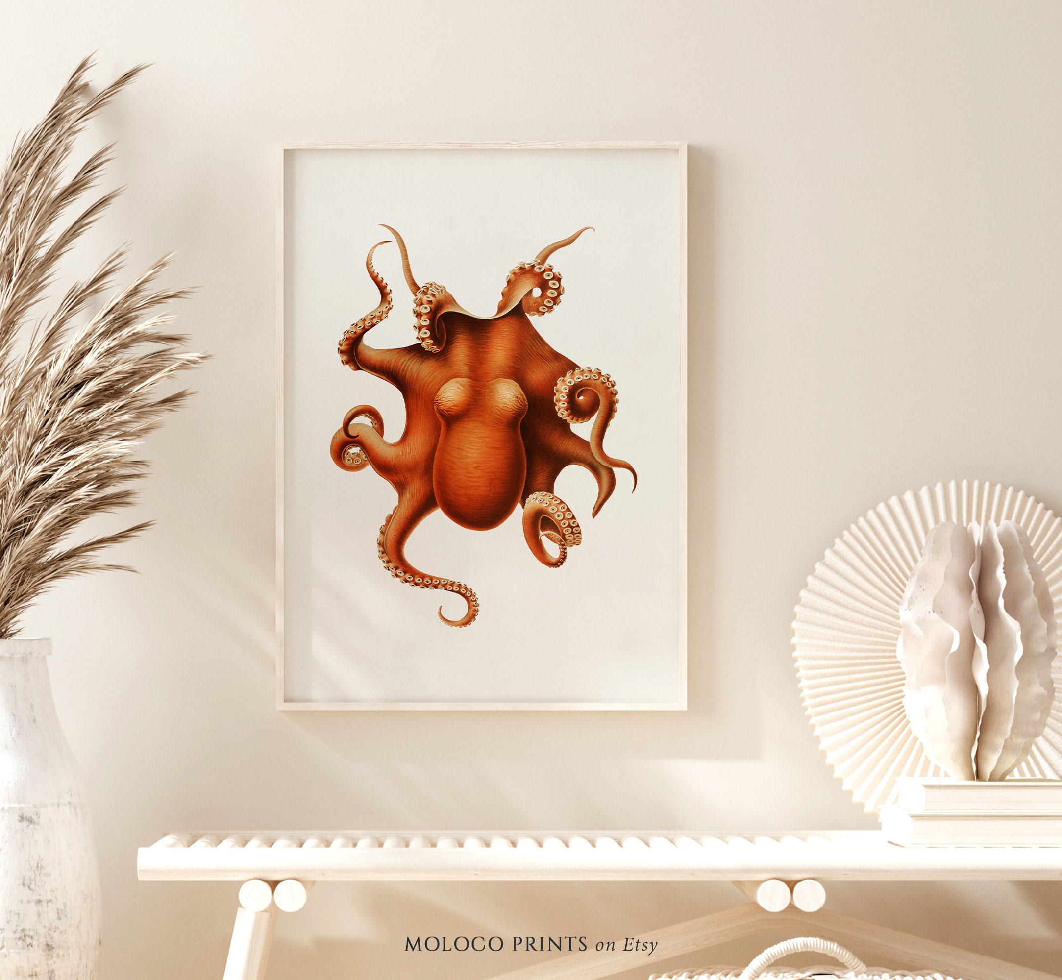 Red Octopus Vintage Animal Print Nautical Coastal Poster | Etsy
