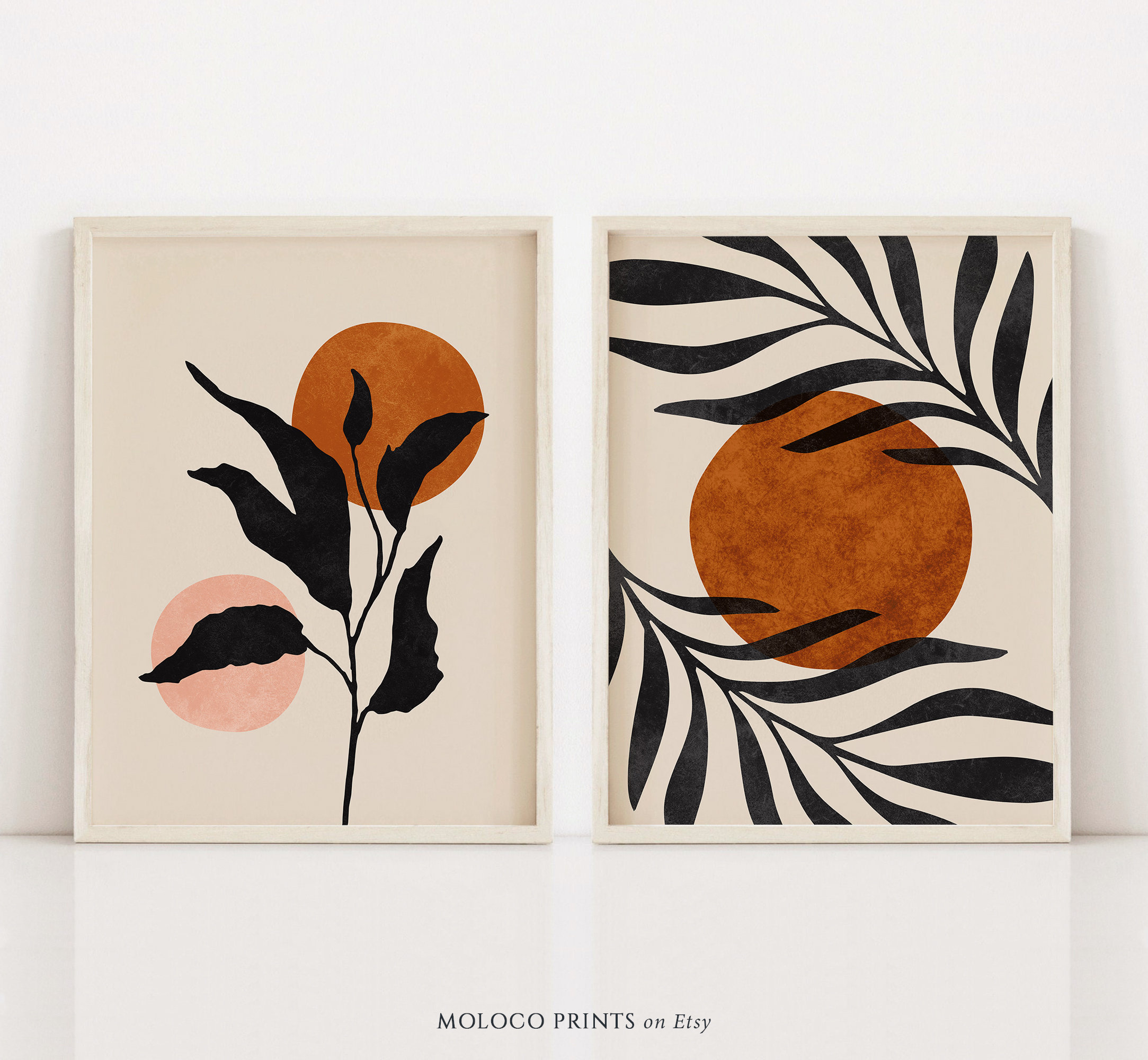 Set of 2 Prints Abstract Boho Leaf Art Printable Wall Art | Etsy