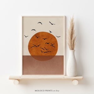 Abstract Boho Birds Sun Ocean Prints, Printable Wall Art, Sunset ...