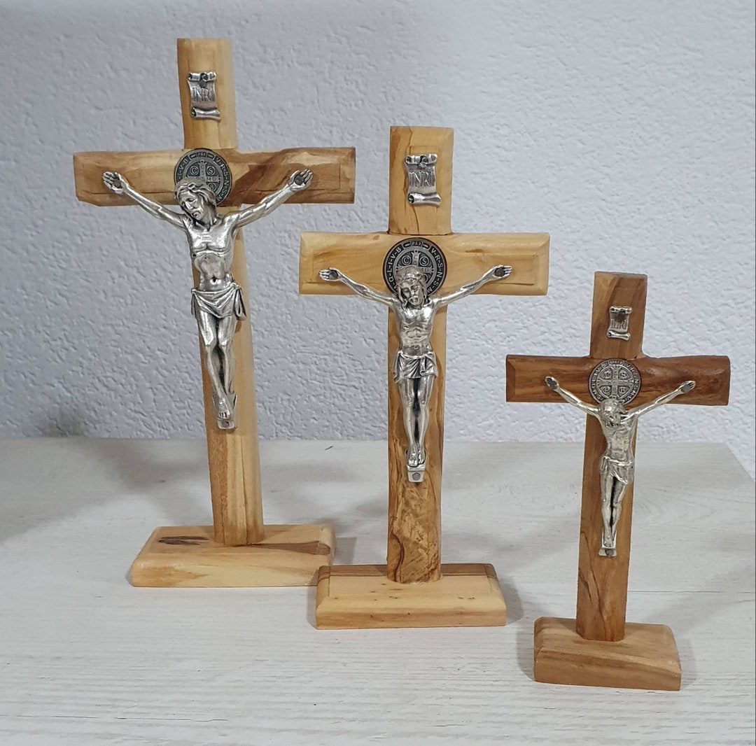 Standing Cross in 3 Size, Handcrafted St Benedict Olive Wood Cross ...