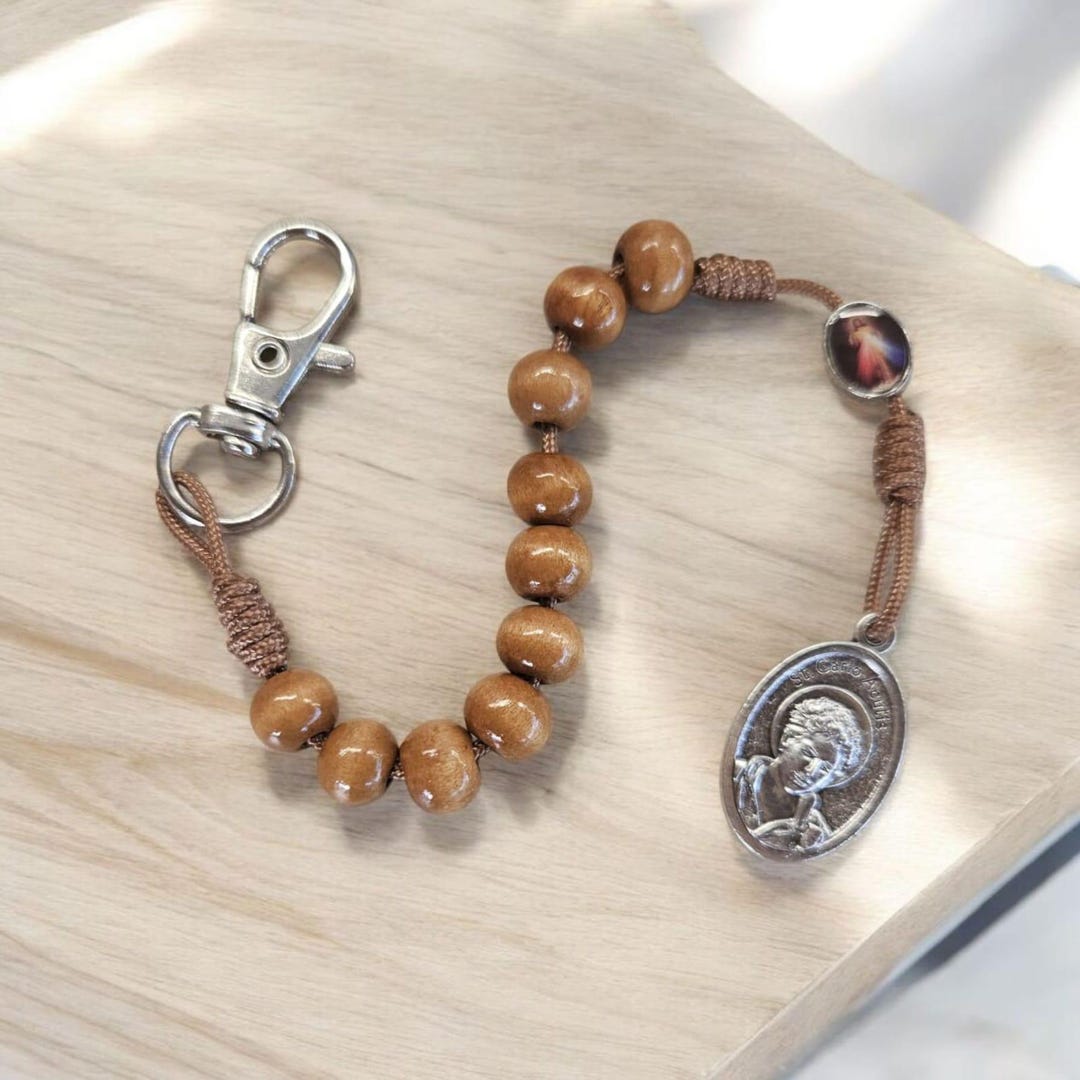 Sant Carlo Acutis Wood Rosary Keychain, Catholic Prayer Beads With ...