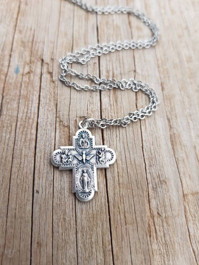 Four Way Cross Pendant Necklace Silver Tone Cross on Chain 4 - Etsy