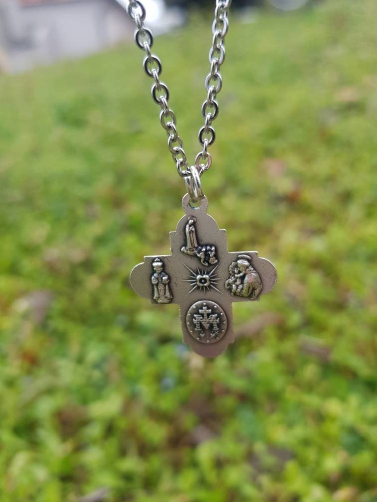 Four Way Cross Pendant Necklace Silver Tone Cross on Chain 4 - Etsy