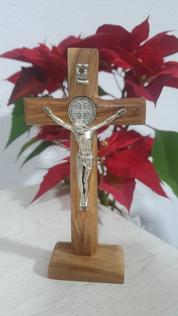 Olive Wood Table Cross for Home St Benedict Standing Christian | Etsy