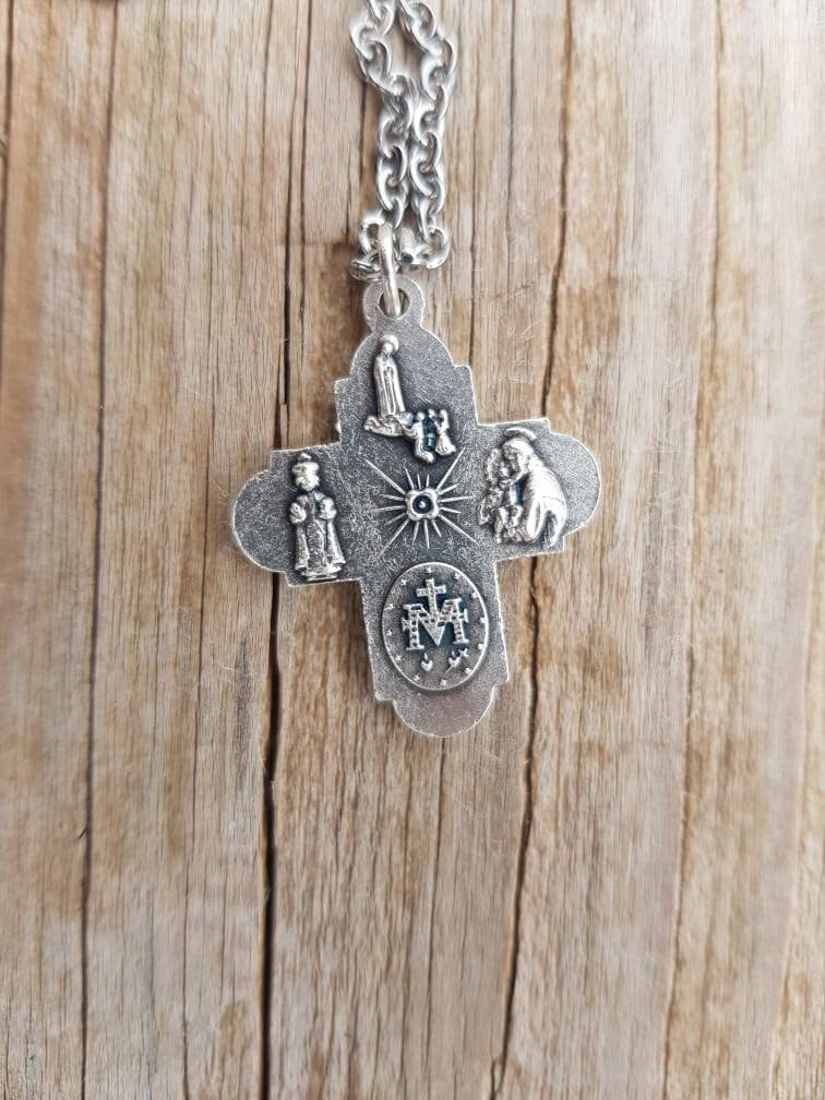 Four Way Cross Pendant Necklace Silver Tone Cross on Chain 4 - Etsy