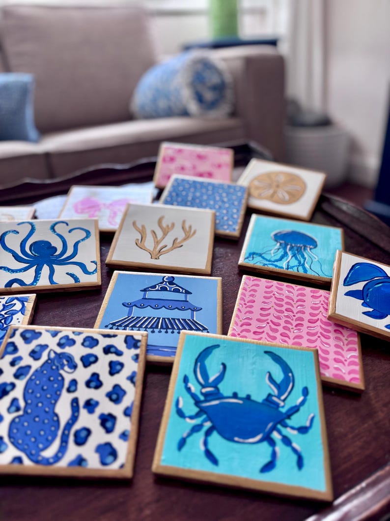 Blue Coastal Hand-painted Tile Coaster Set – Set of 4 - Etsy