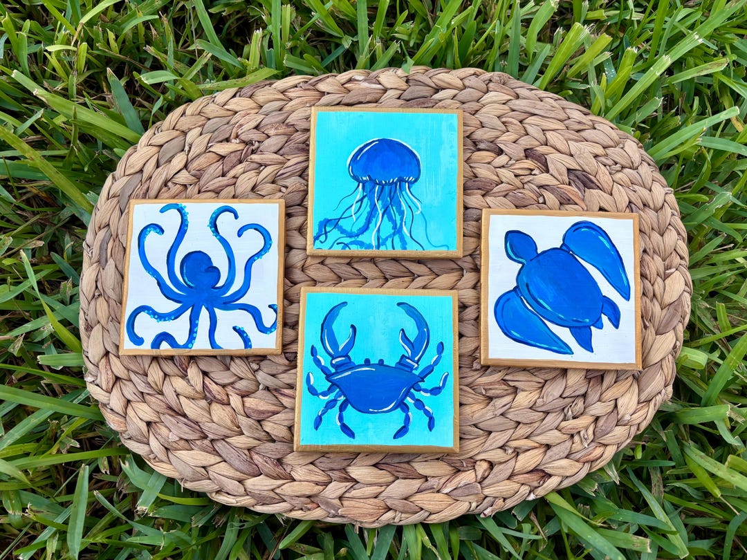 Blue Coastal Hand-painted Tile Coaster Set – Set of 4 - Etsy
