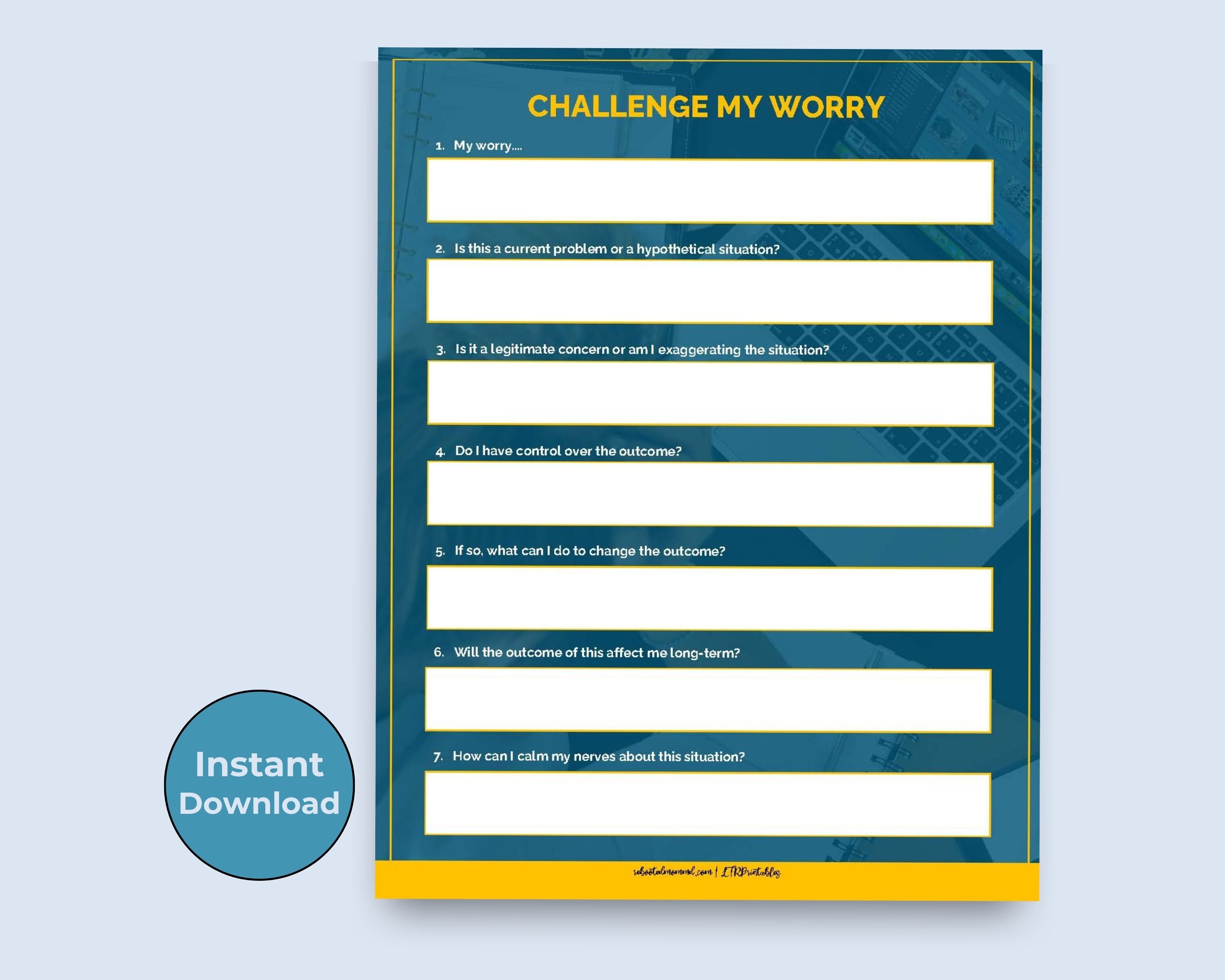 Worry Worksheets Manage Anxiety, Identify Worries Immediate Download ...