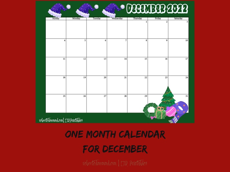 December 2022 Calendar One-page Calendar Christmas Dated - Etsy