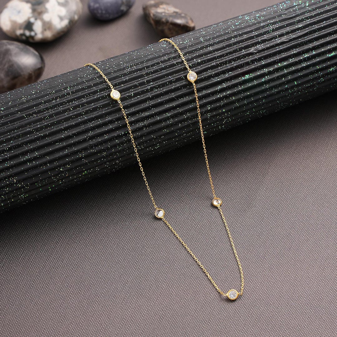 14K Gold Diamond Station Necklace, Delicate Diamond Chain, Solitaire ...